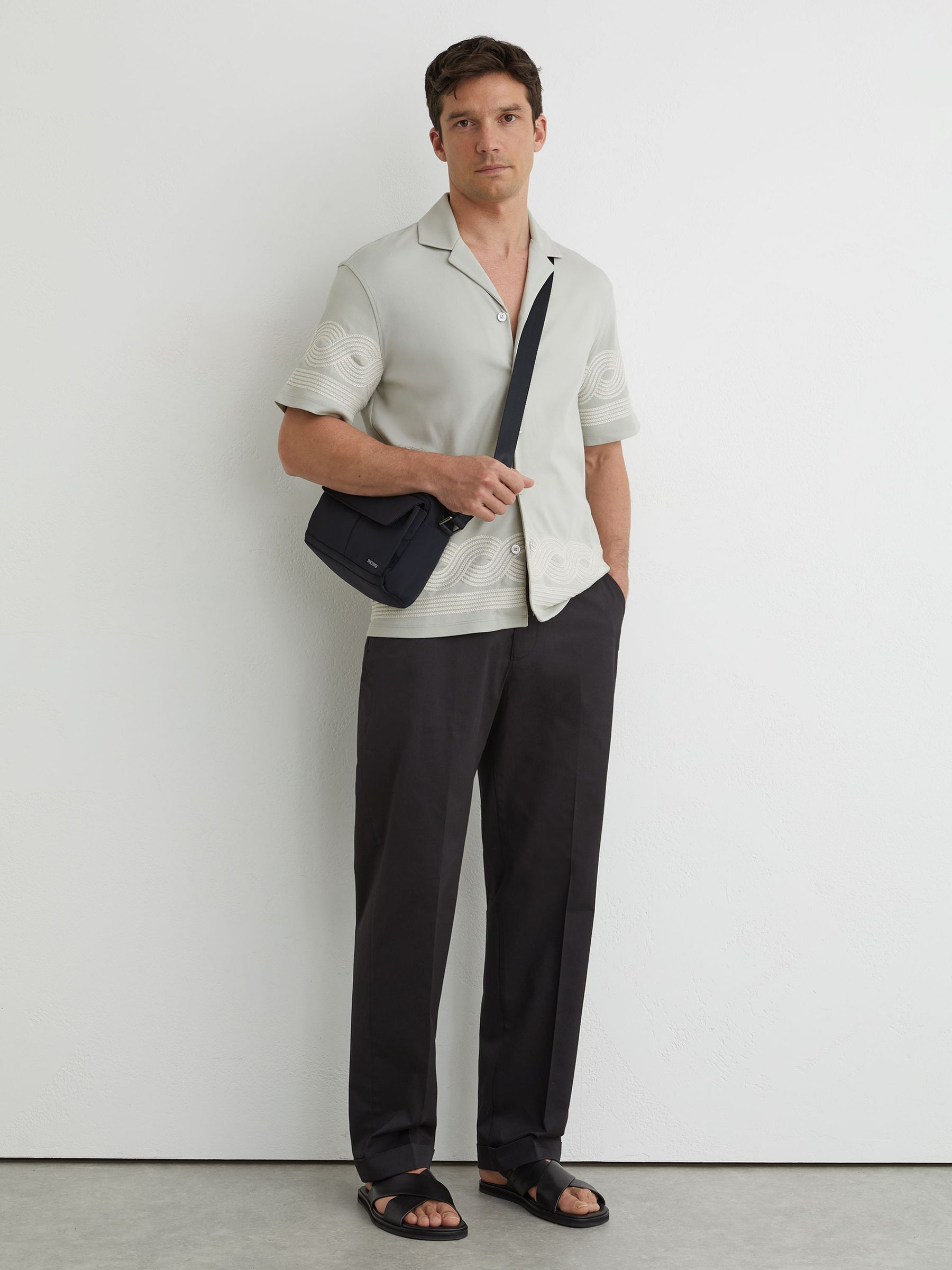 REISS arden cotton-blend embroidered cuban-collar shirt